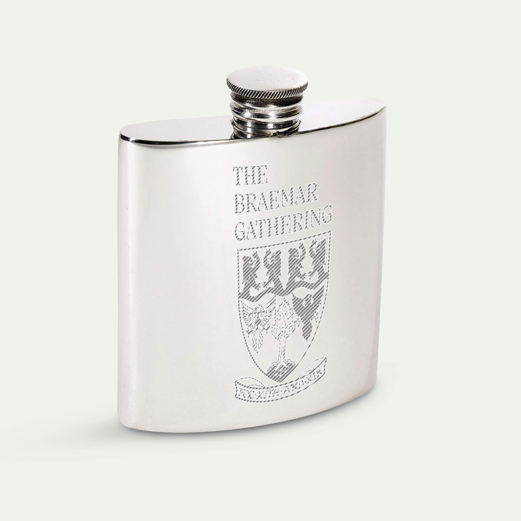 Classic Engraved Pewter Hip Flask – Braemar Gathering